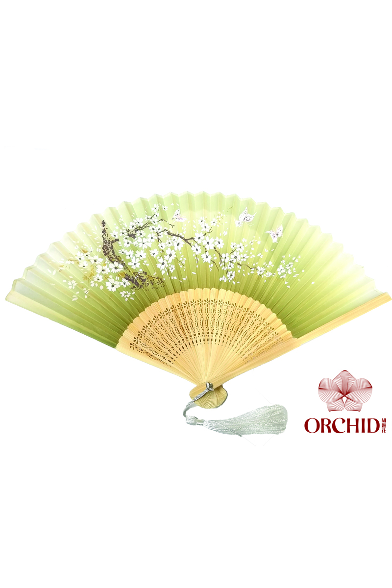 82796 | Bamboo And Silk Flower Design Hand Fan | Orchid Chopsticks